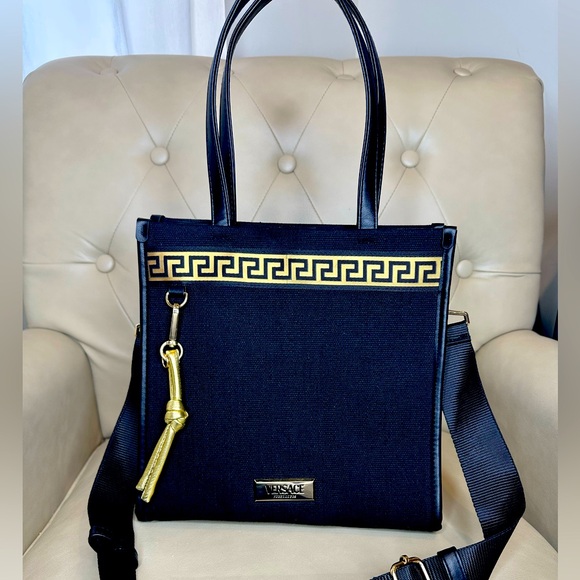 Versace | Bags | Versace Fragrances Black And Gold Tote With Crossbody ...